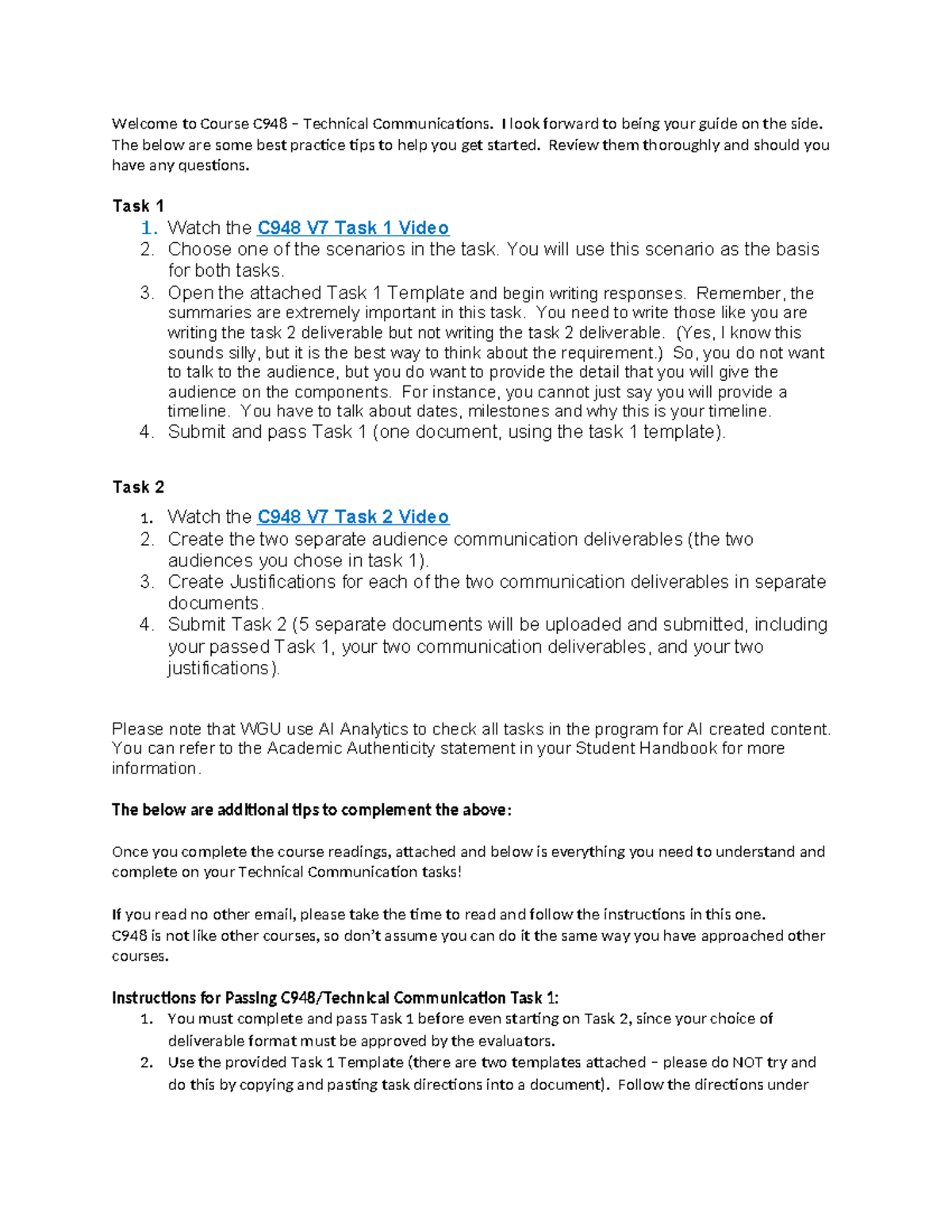 Getting Started Tips for C948 - Welcome to Course C948 – Technical Communications. I look ...