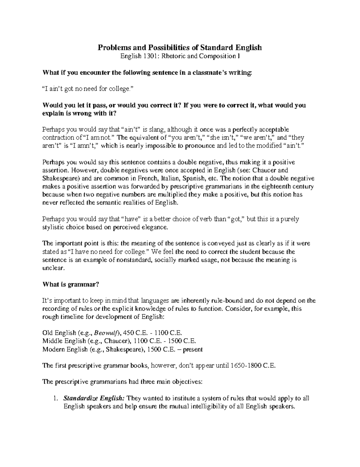 Problems and Possibilities of Standard English Lecture Notes(1)-1 ...