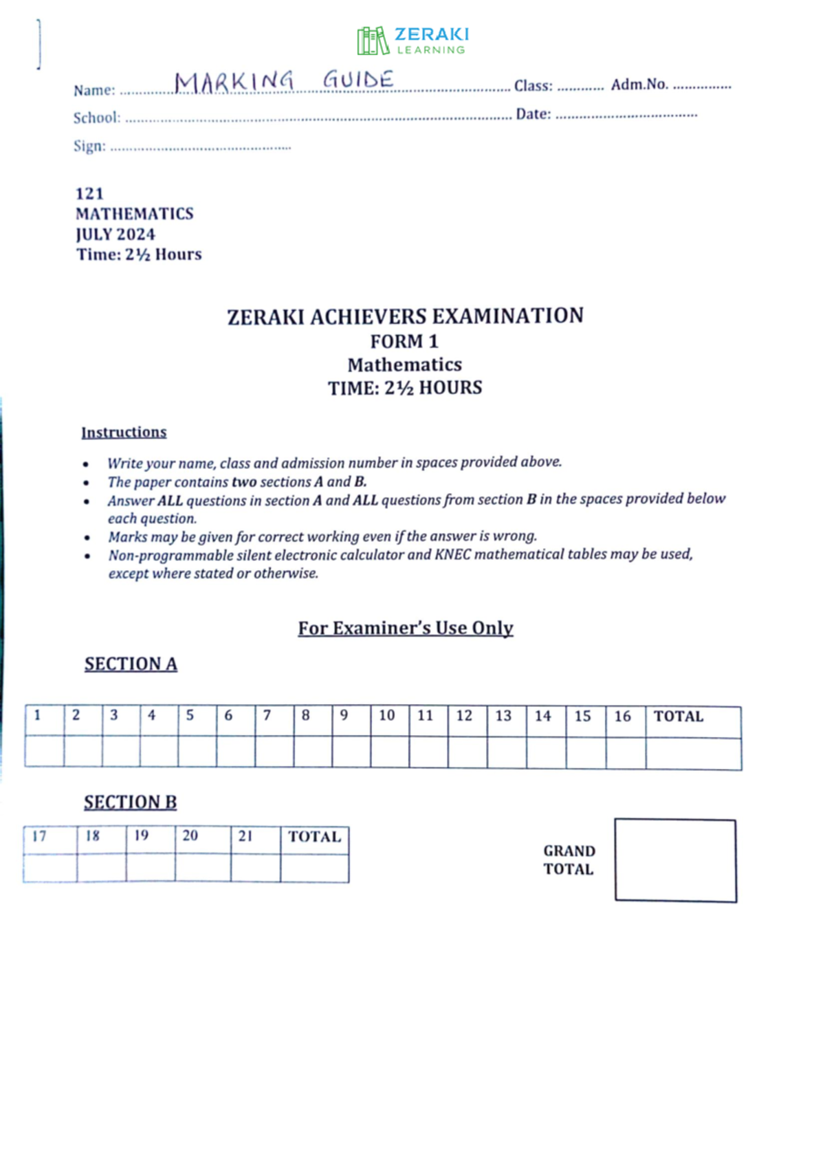 Mathematics - Mathematics - Marking Scheme - ZERAKI LEARNING Name ...