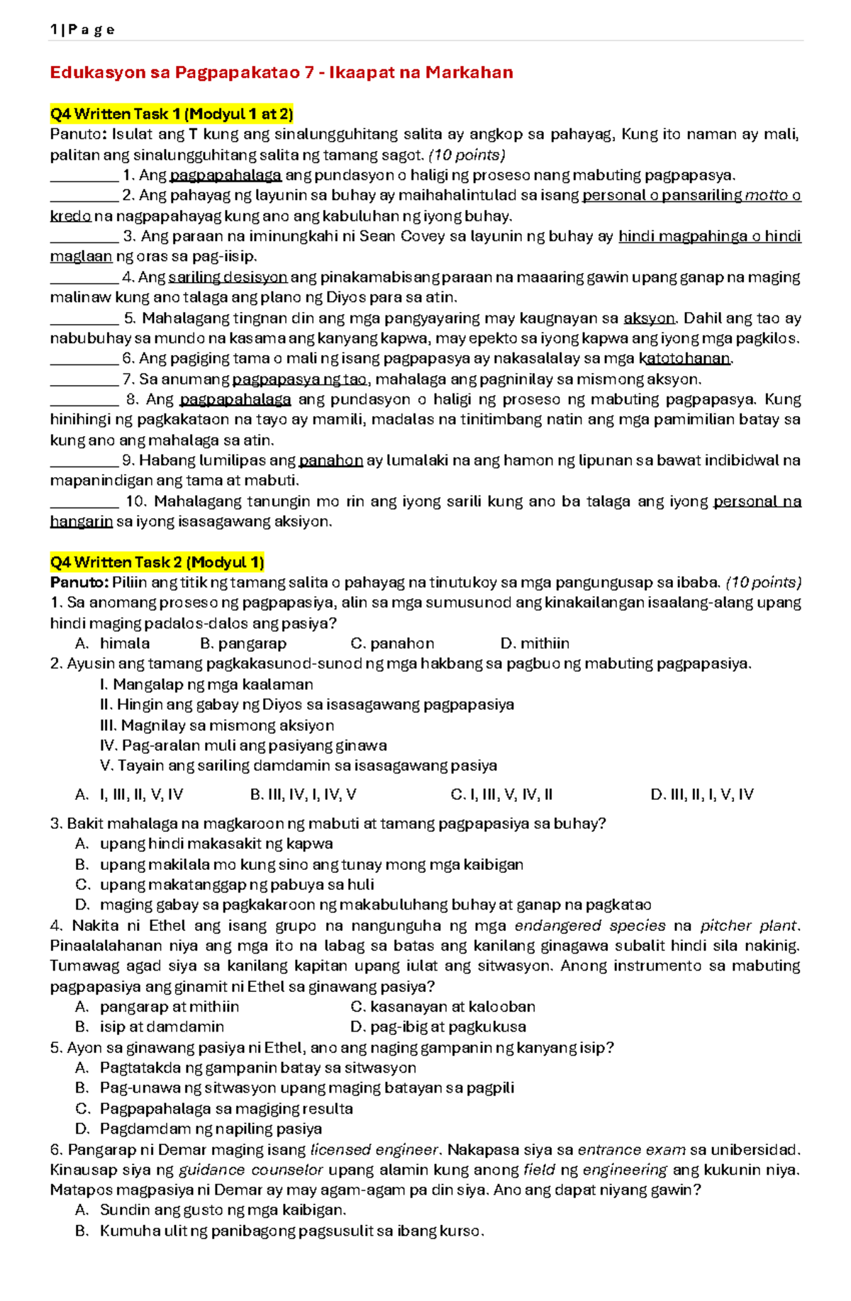 Mga Gawain sa ESP 7- Ikaapat na Markahan - Edukasyon sa Pagpapakatao 7 - Ikaapat na Markahan Q4 ...