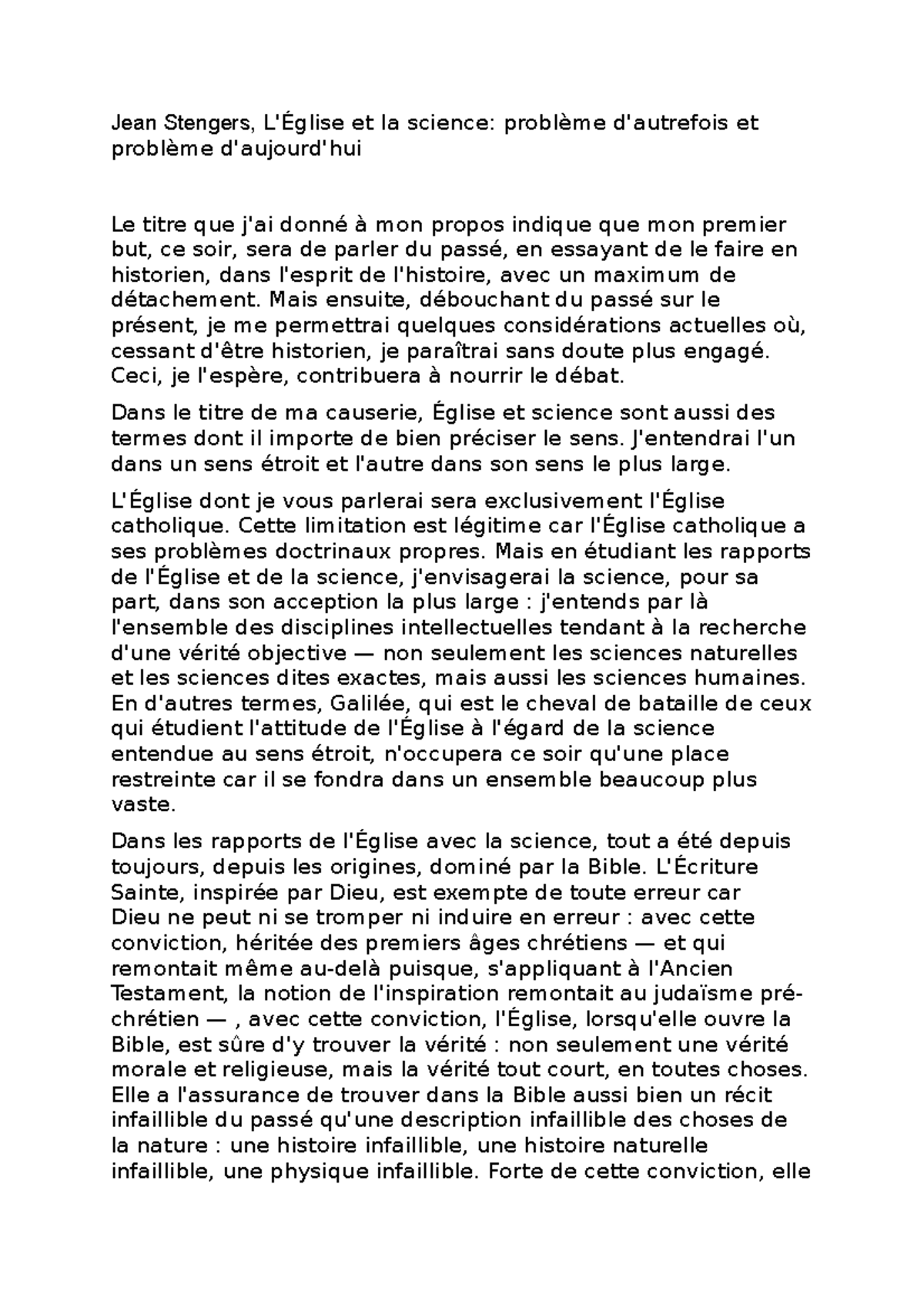 Jean Stengers, L'Église et la science- problème d'autrefois et problème ...