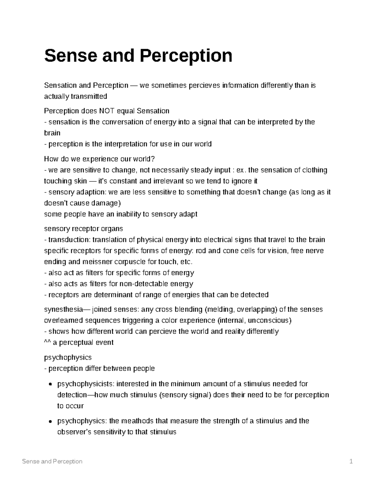 Sense and Perception - lecture notes from introduction to psychology ...