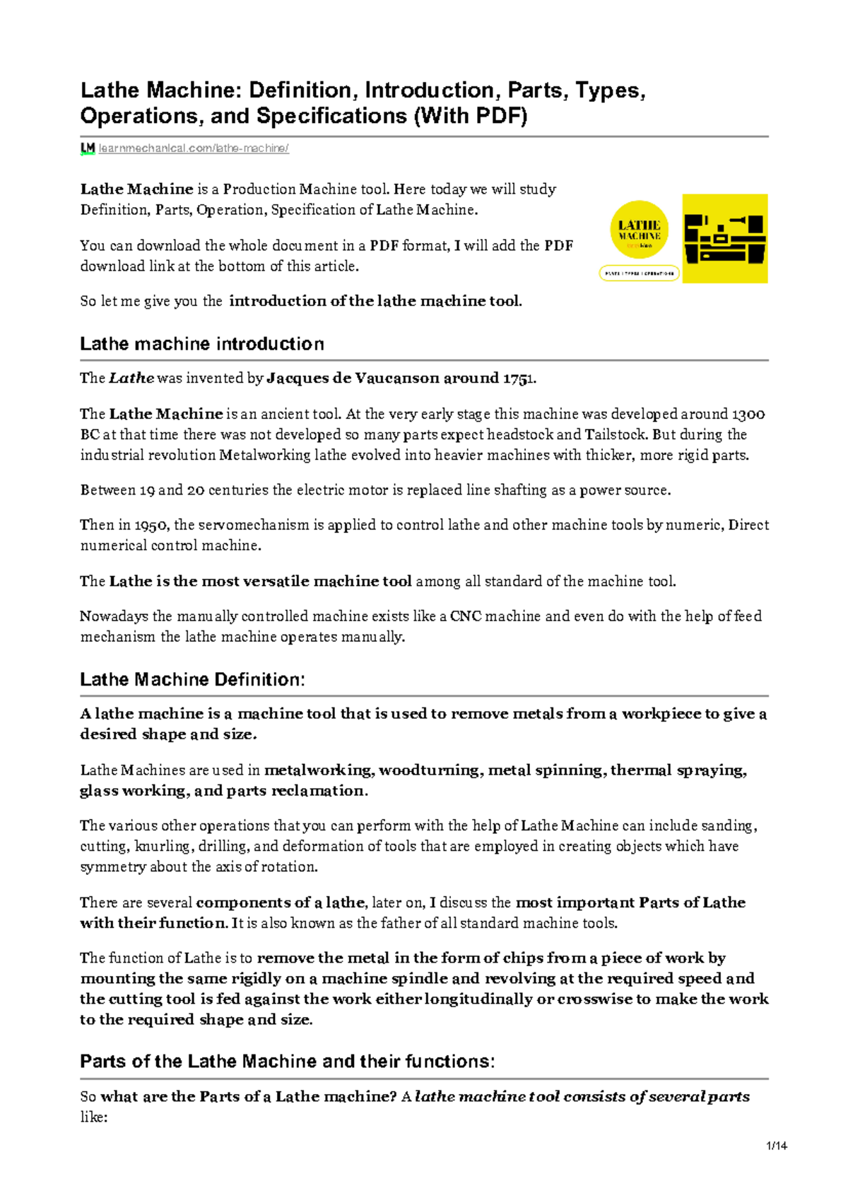 Lathe machine pdf - Notes on MM - Lathe Machine: Definition ...