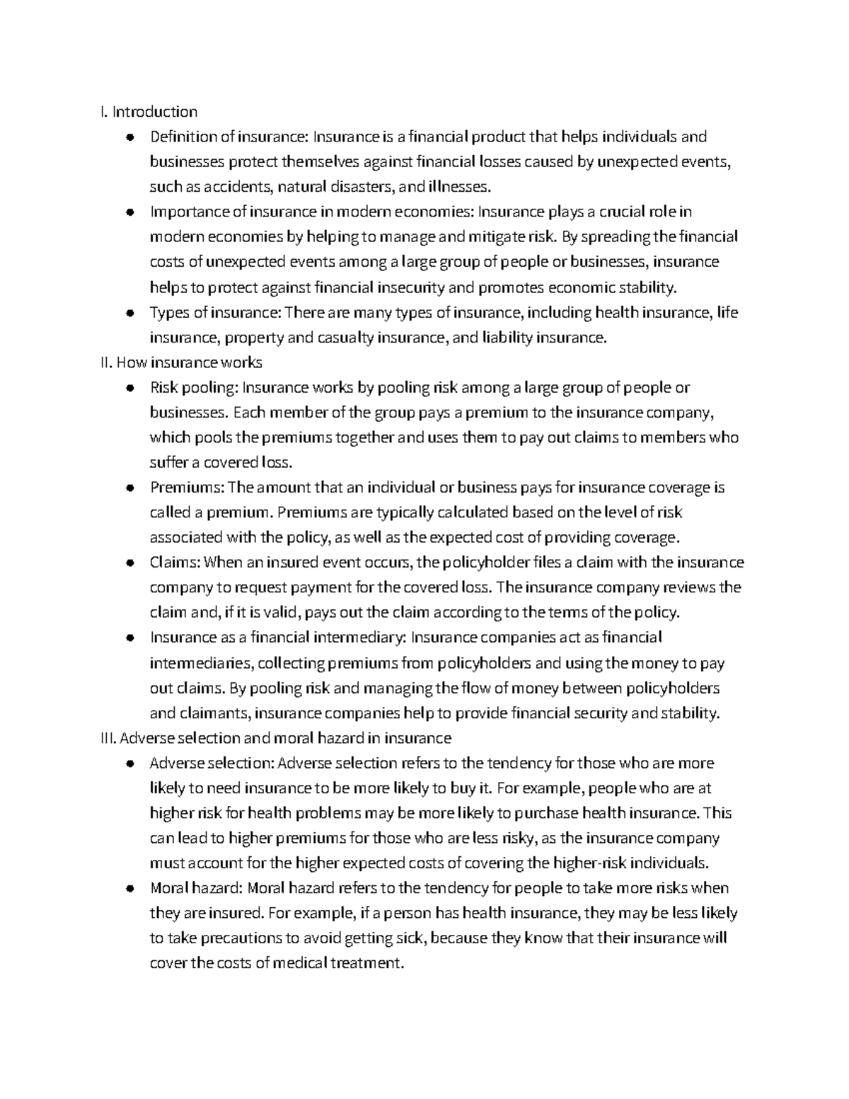 Insurance - Notes - I. Introduction Definition of insurance: Insurance ...