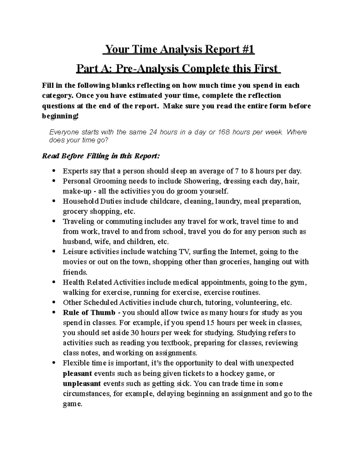 Time Analysis Assignment - Your Time Analysis Report Part A: Pre ...