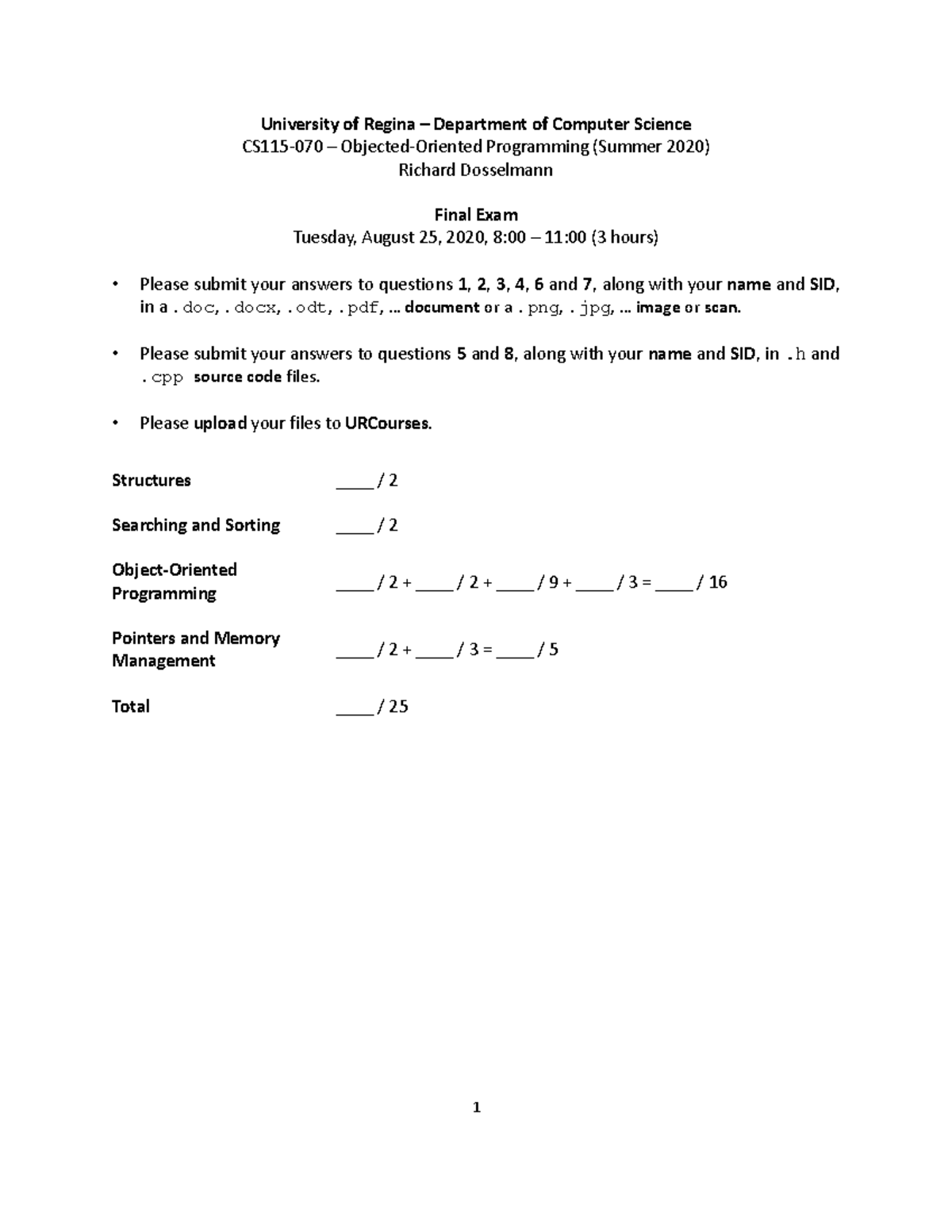 Final 1 - Useful for subject - University of Regina – Department of Computer Science CS115-070 ...