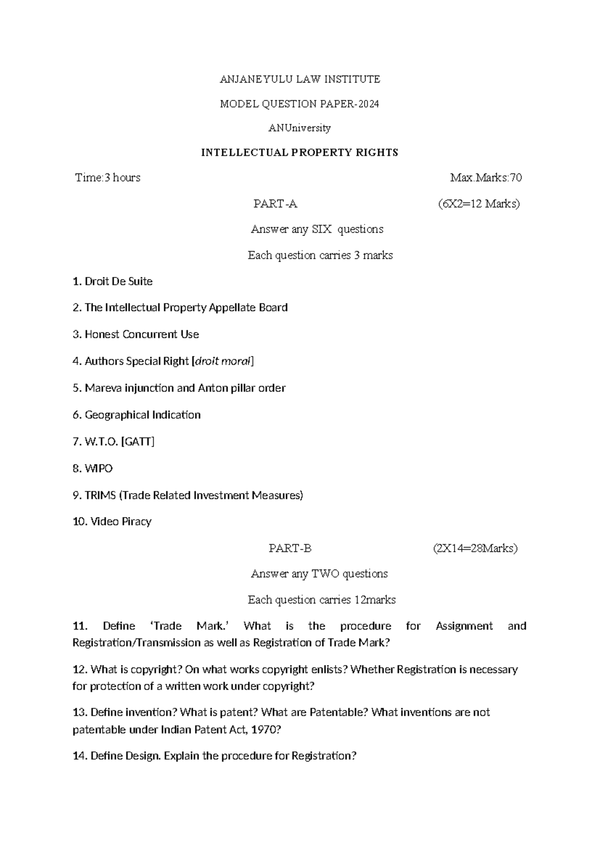 IPR MQP ANU - It's model exam paper - ANJANEYULU LAW INSTITUTE MODEL ...