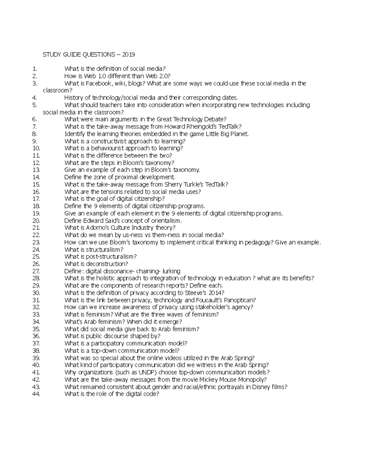 EXAM PREP - Study guiding questions for the 2018/2019 EDUC 307 final ...