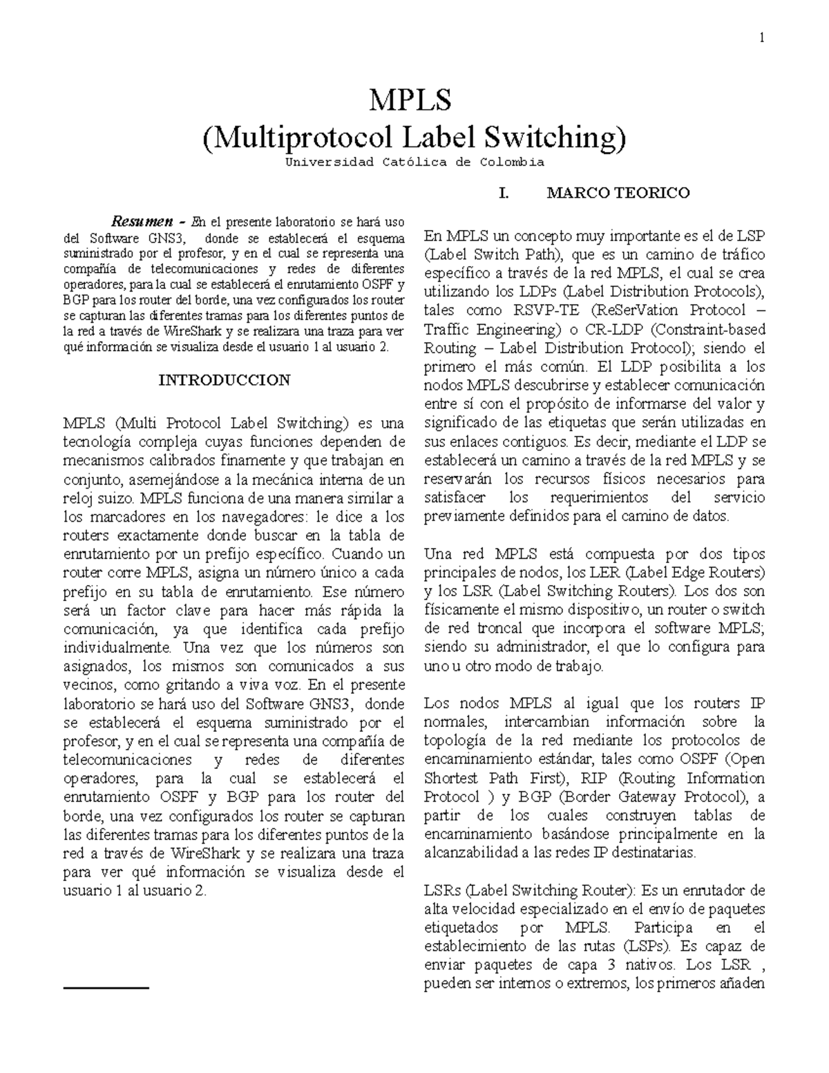 Lab 11 MPLS - MPLS - Resumen - En el presente laboratorio se hará uso ...