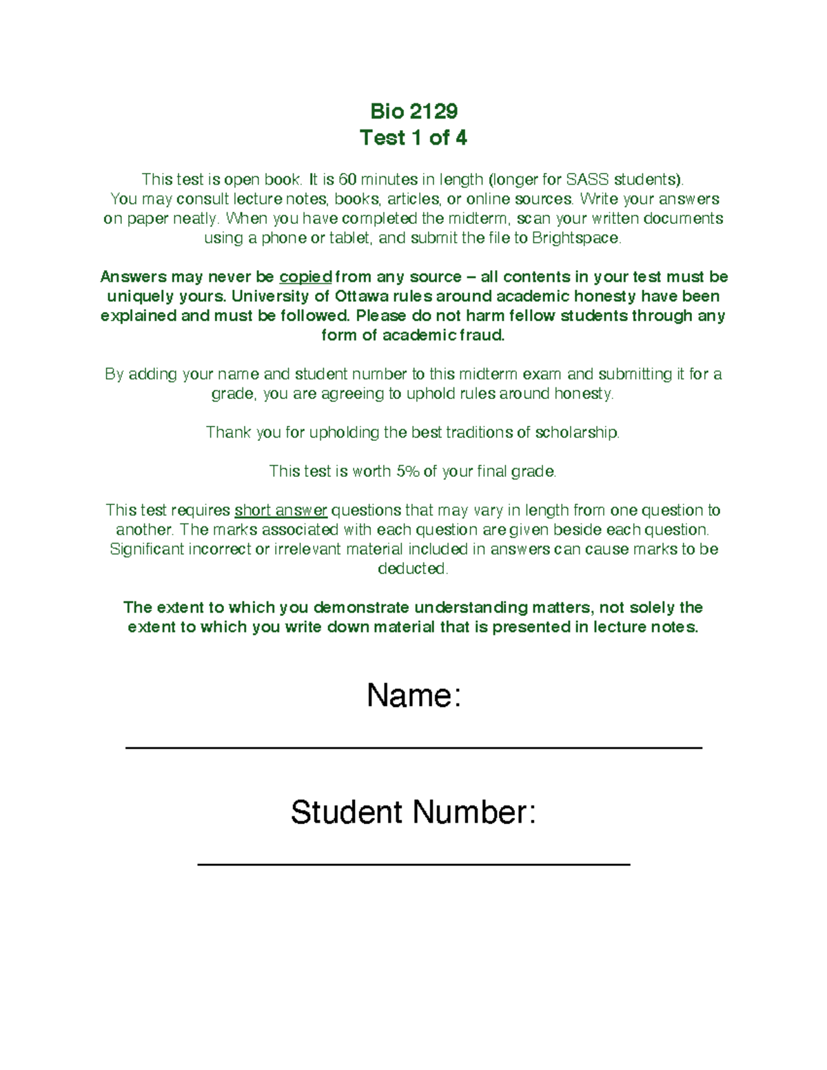 Test 1 - Jeremy Kerr - Bio 2129 Test 1 of 4 This test is open book. It ...