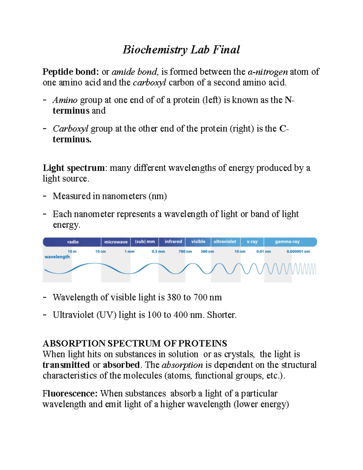 Biochemistry Lab Final Exam Notes - Biochemistry Lab Final Peptide bond ...