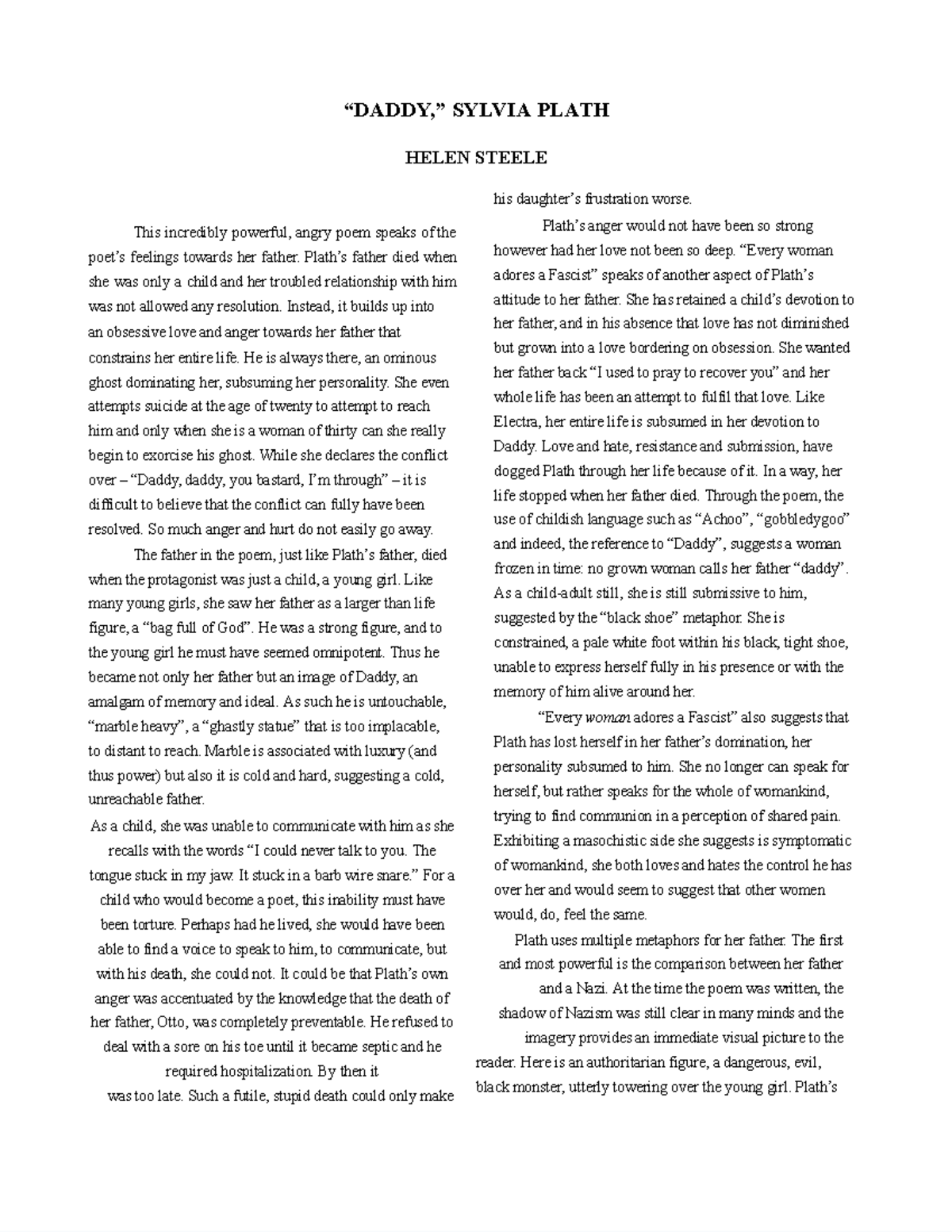 Academic essay on Sylvia Plath's "Daddy" - “DADDY,” SYLVIA PLATH HELEN ...