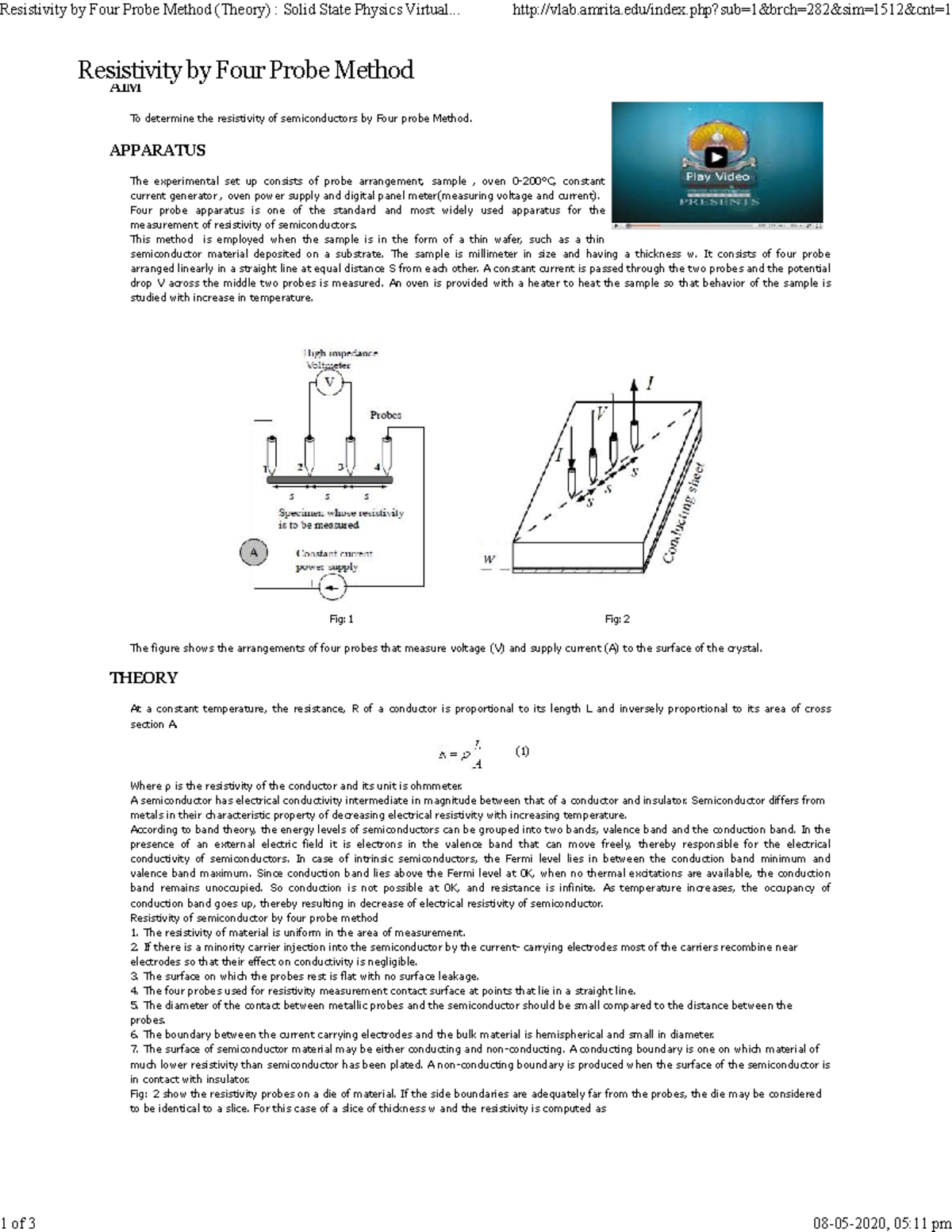 1 Resistivity by Four Probe Method - AIM To determine the resistivity of semiconductors by Four ...
