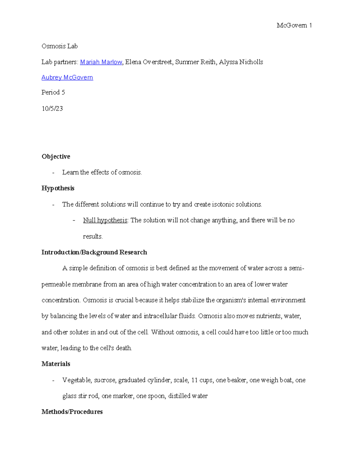 AP BIO Osmosis Lab - Osmosis Lab Lab partners: Mariah Marlow, Elena ...