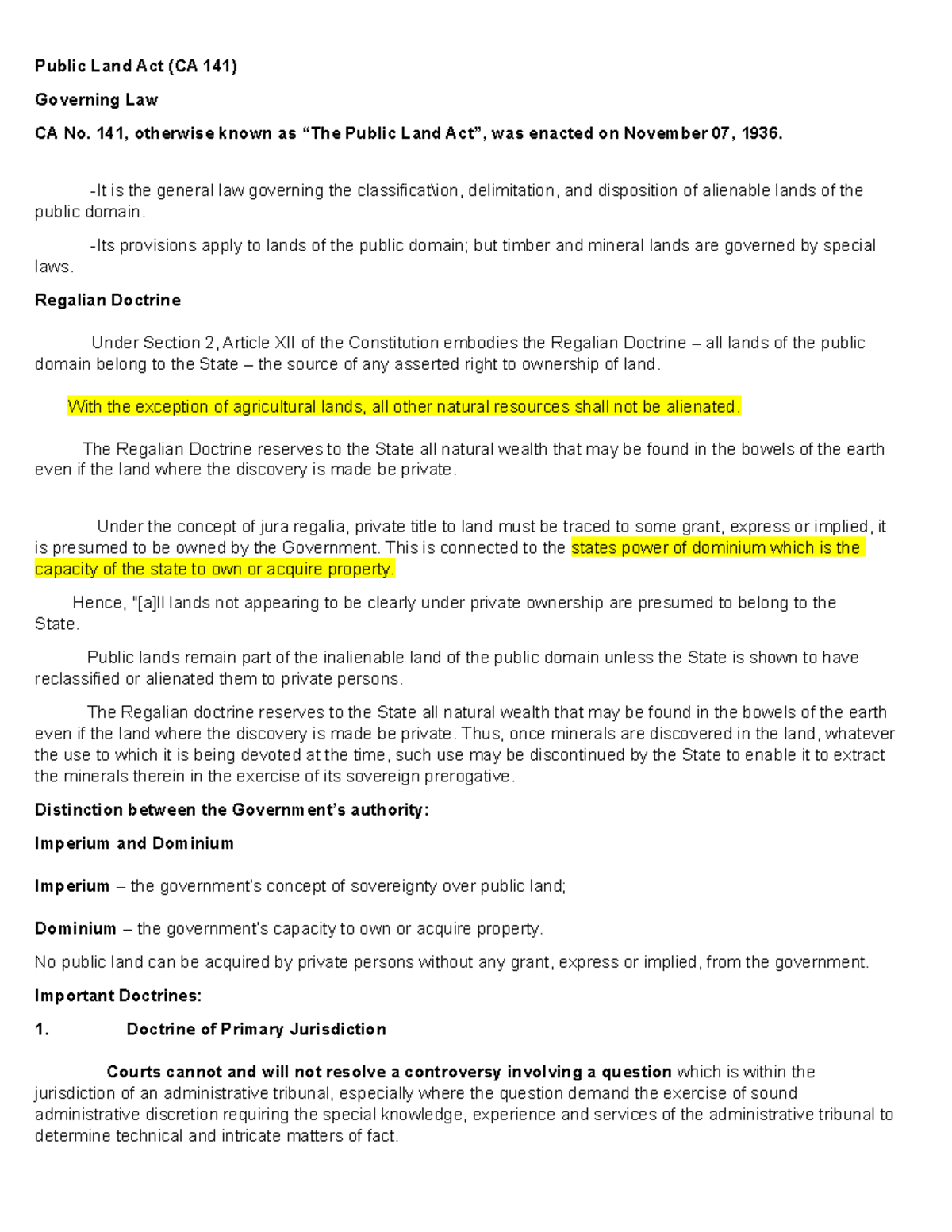 Natural Resources Subject-Land Reform Act - Public Land Act (CA 141 ...