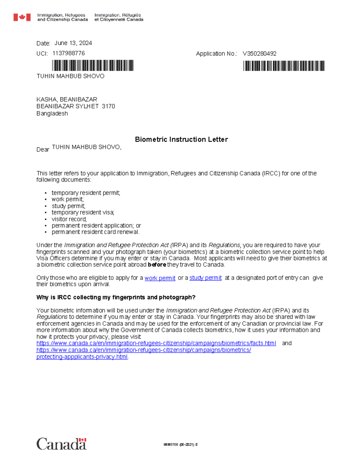 IMM5756 1-T2V9YAL - EWRWR - Biometric Instruction Letter Dear This ...