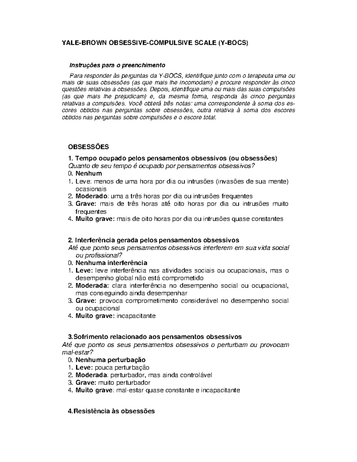 Escala Ybocs - YALE-BROWN OBSESSIVE-COMPULSIVE SCALE (Y-BOCS ...