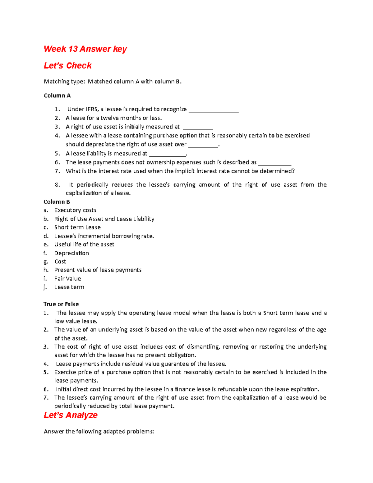 Week 13 ULO a to e Answer key - Week 13 Answer key Let’s Check Matching ...