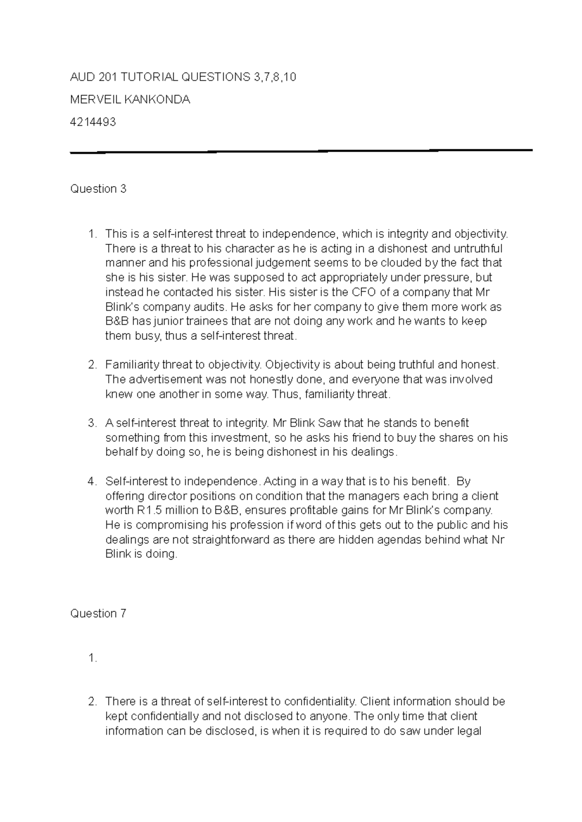 AUD 201 Tutorial Questions 3,7,8,10 - AUD 201 TUTORIAL QUESTIONS 3,7,8 ...