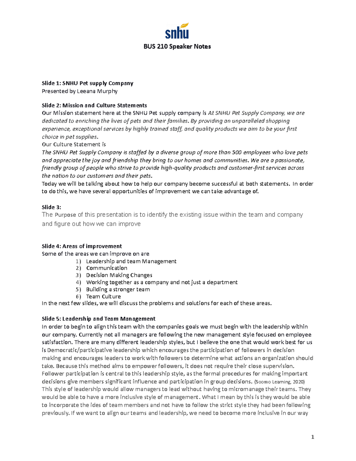 BUS 210 Speaker Notes final - BUS 210 Speaker Notes Slide 1: SNHU Pet ...