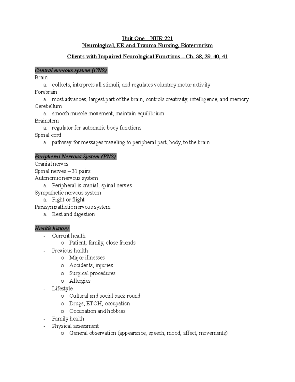 Unit 1 - neuro, ER, trauma, bio - Unit One – NUR 221 Neurological, ER ...