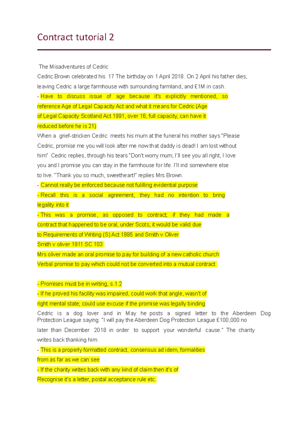 Contract tutorial 2 - On 2 April his father dies, leaving Cedric a large farmhouse with ...