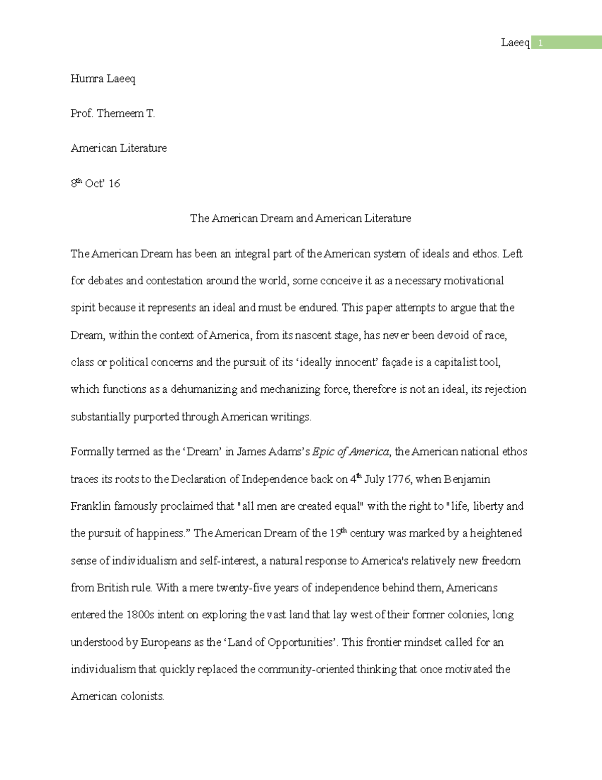 The American Dream and American Literatu - Humra Laeeq Prof. Themeem T ...