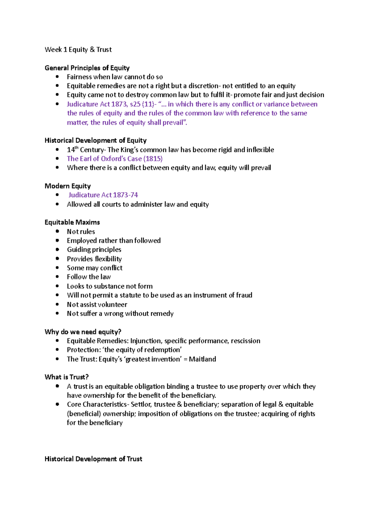 Week 1 Equity Lecture Notes Week 1 Equity And Trust General