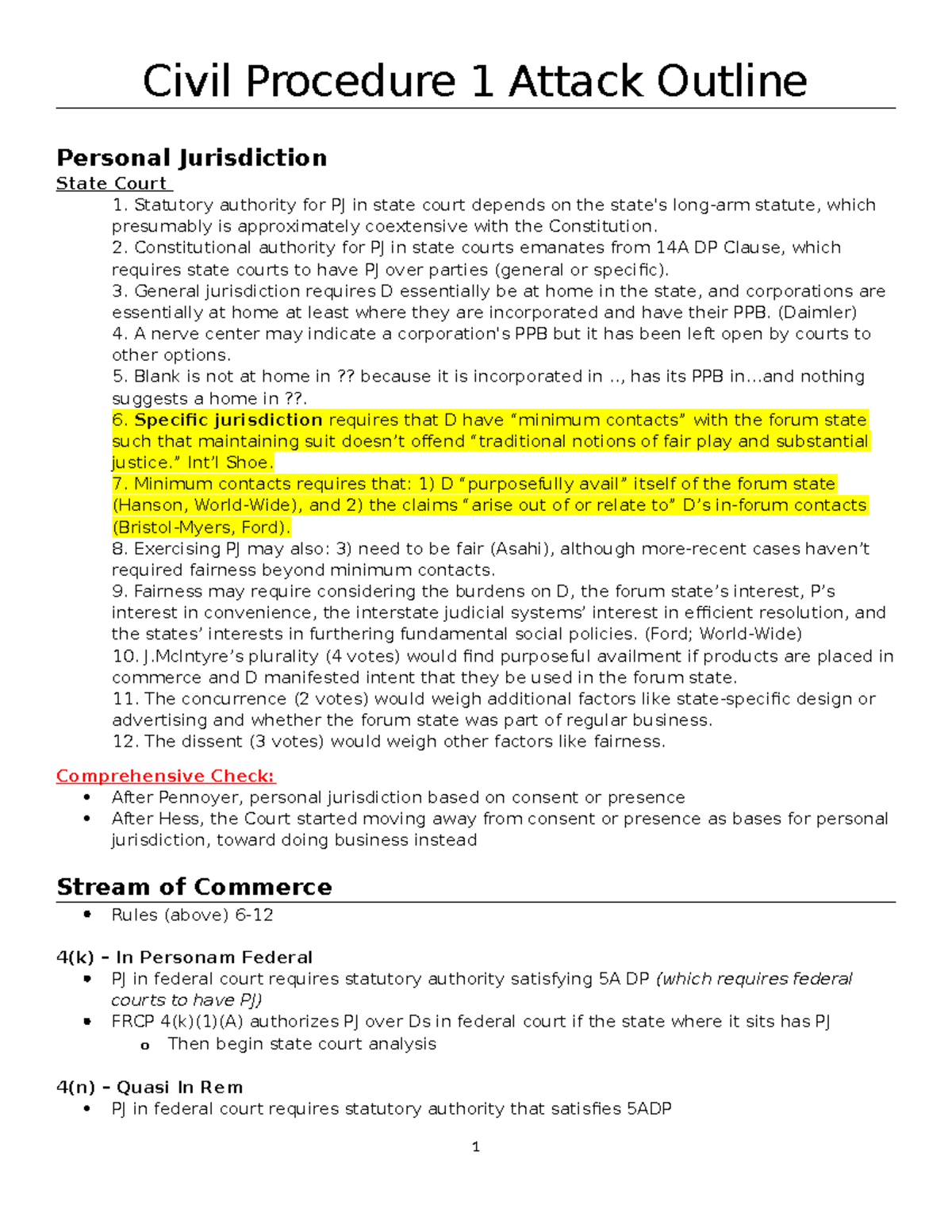 Civil Procedure 1 Attack Outline - Civil Procedure 1 Attack Outline ...