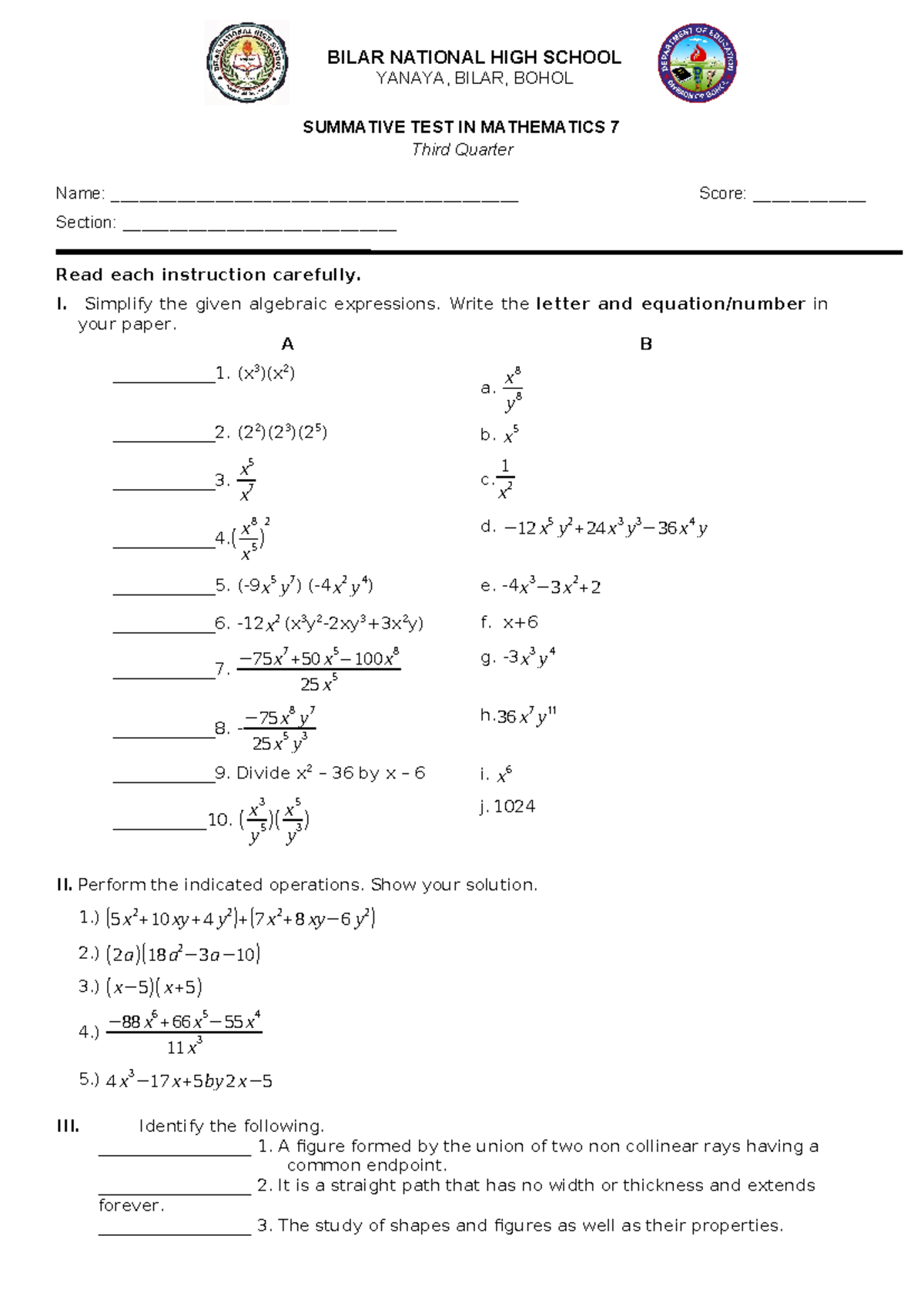 Math7 3rd-Quarter- Summative-TEST - SUMMATIVE TEST IN MATHEMATICS 7 ...