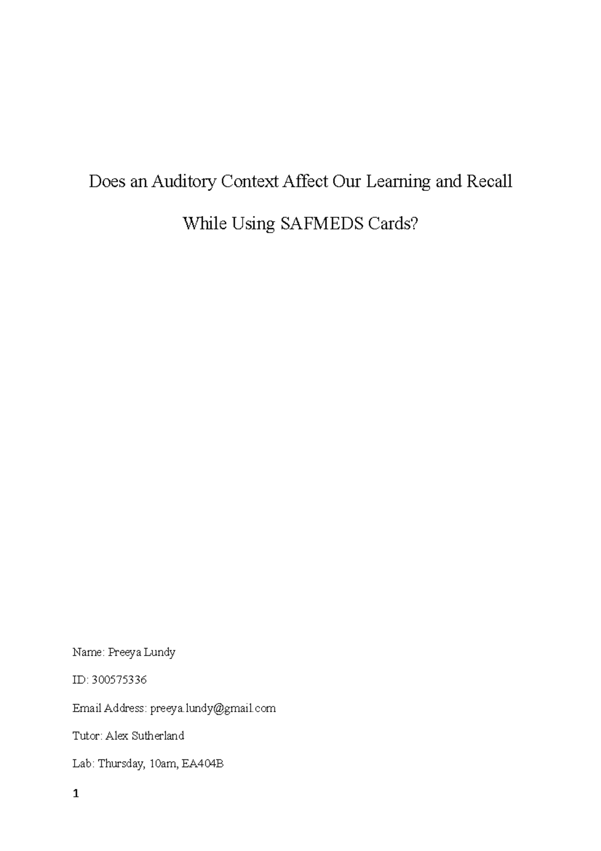 PSYC 122 Memory Recall Lab Report - Does an Auditory Context Affect Our ...