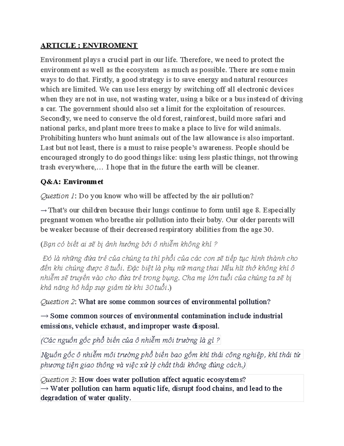 Tiếng-anh-3 - ARTICLE : ENVIROMENT Environment plays a crucial part in ...