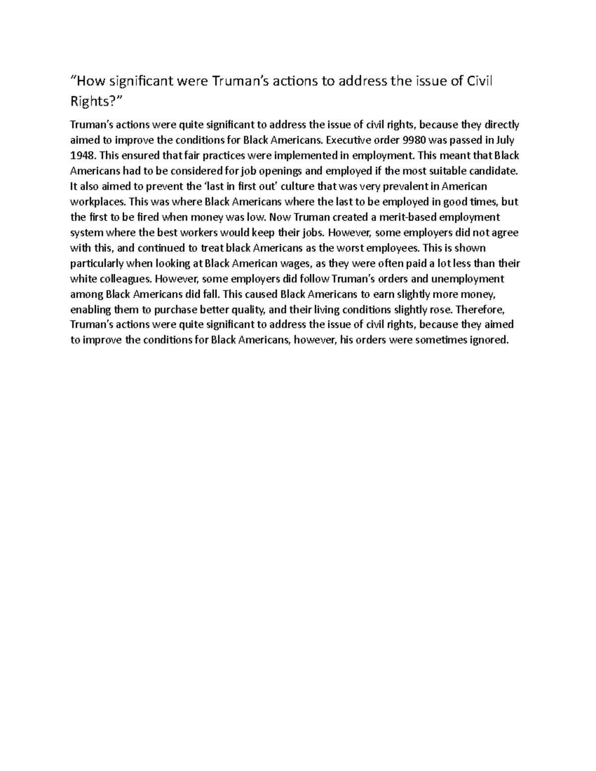 Executive order 9980 notes and essay - “How significant were Truman’s ...