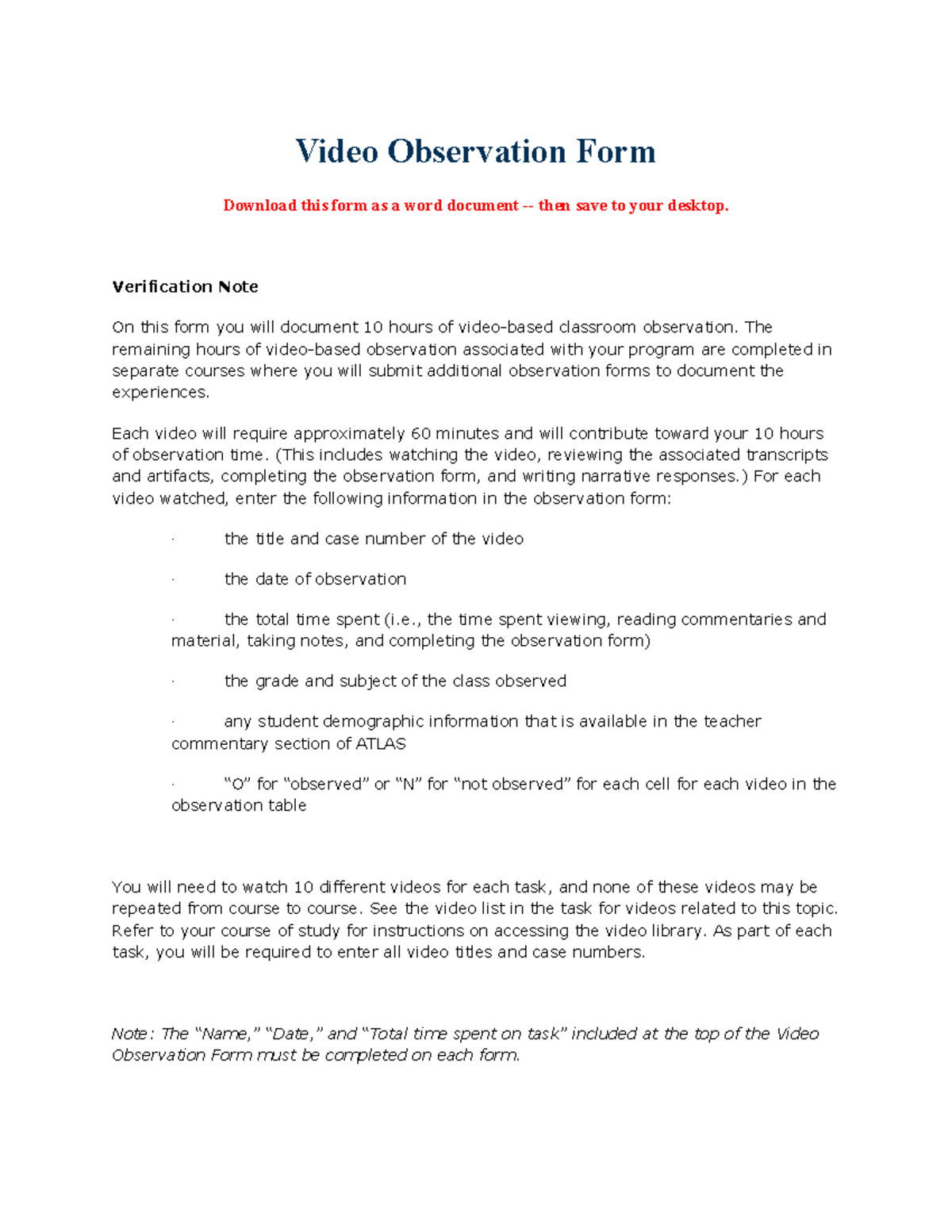 Video Observation Form - Video Observation Form Download this form as a ...