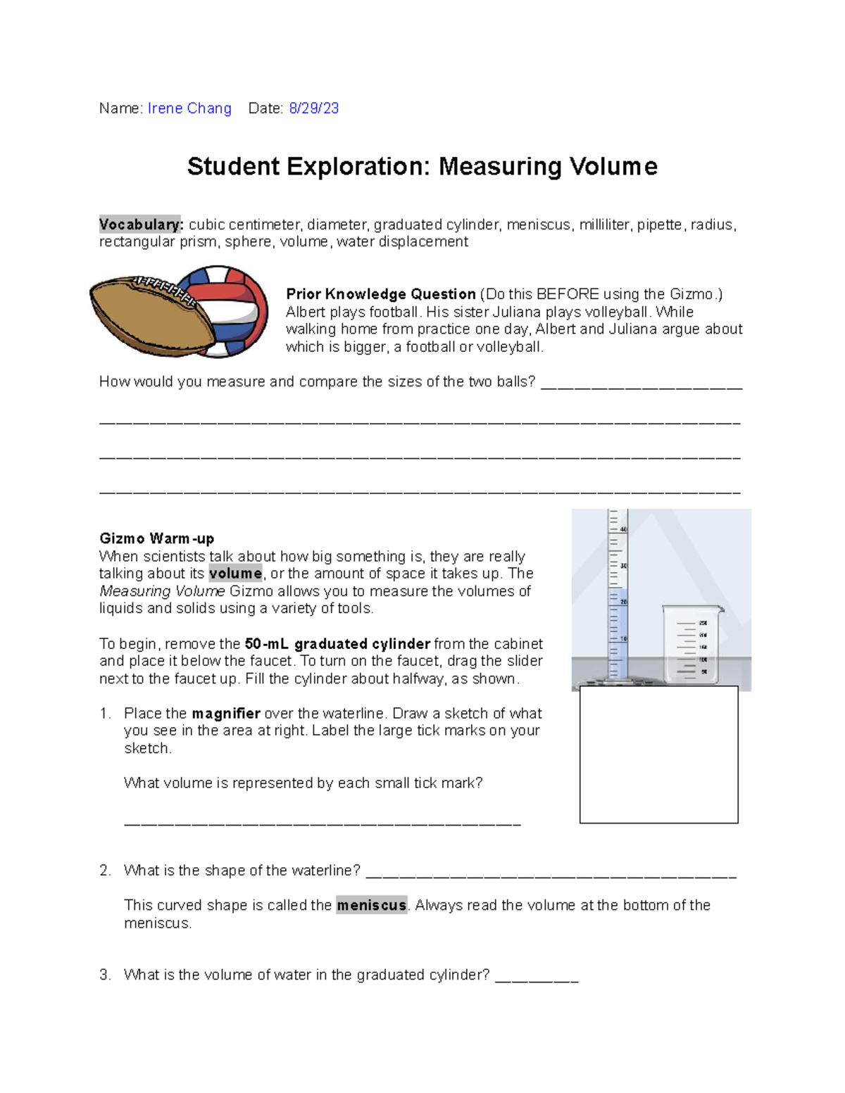 Measuring Volume - Name: Irene Chang Date: 8/29/ Student Exploration ...