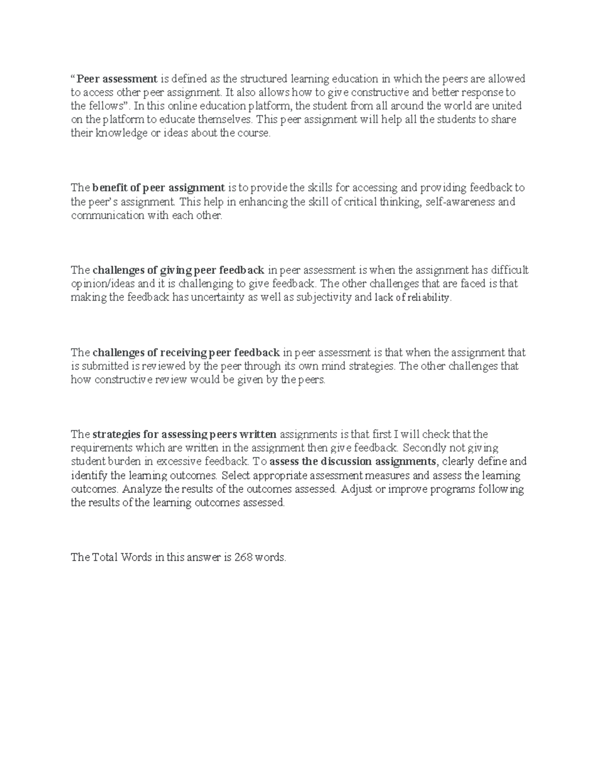 Written Assignment OES 2 - “Peer assessment is defined as the ...