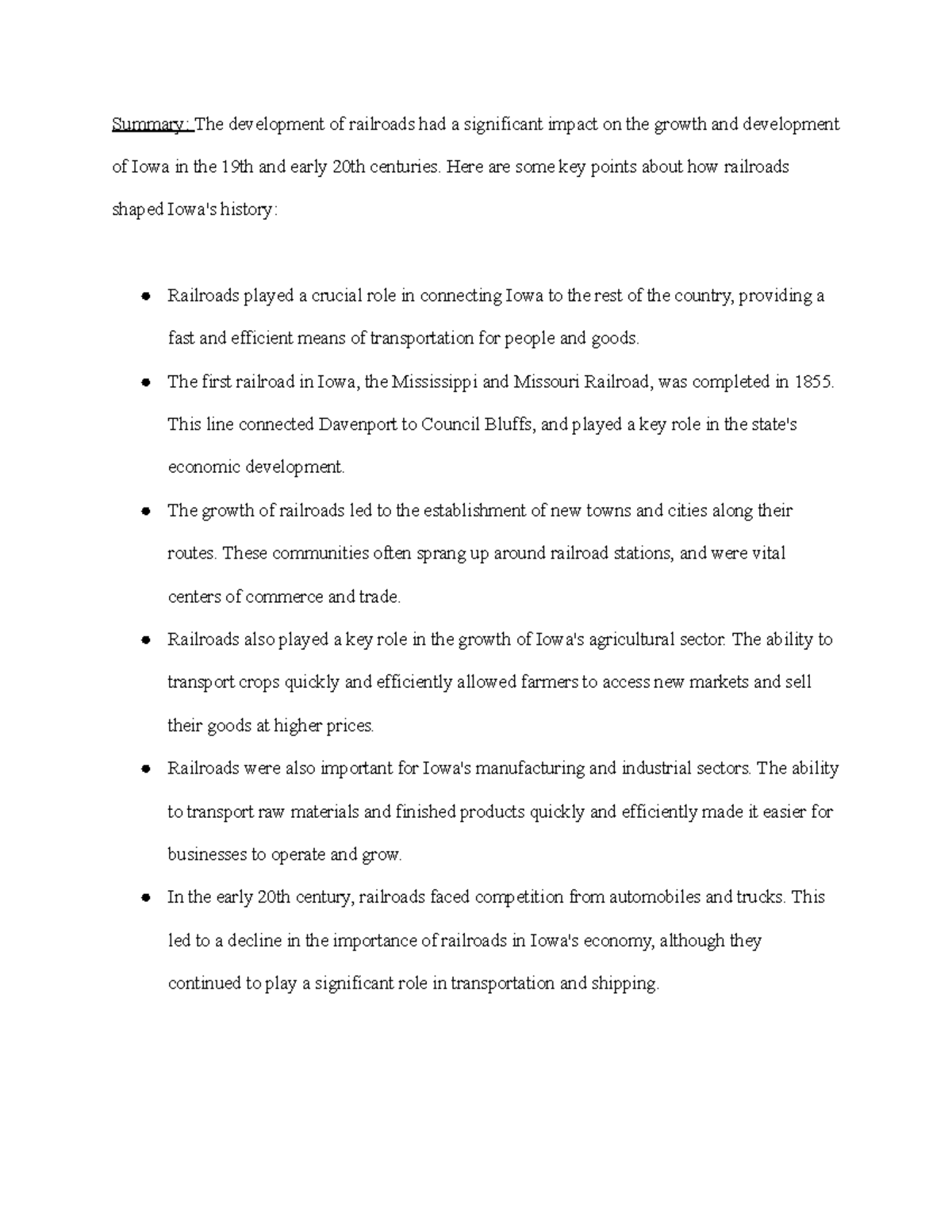 HIST 370 Notes - Summary: The development of railroads had a ...