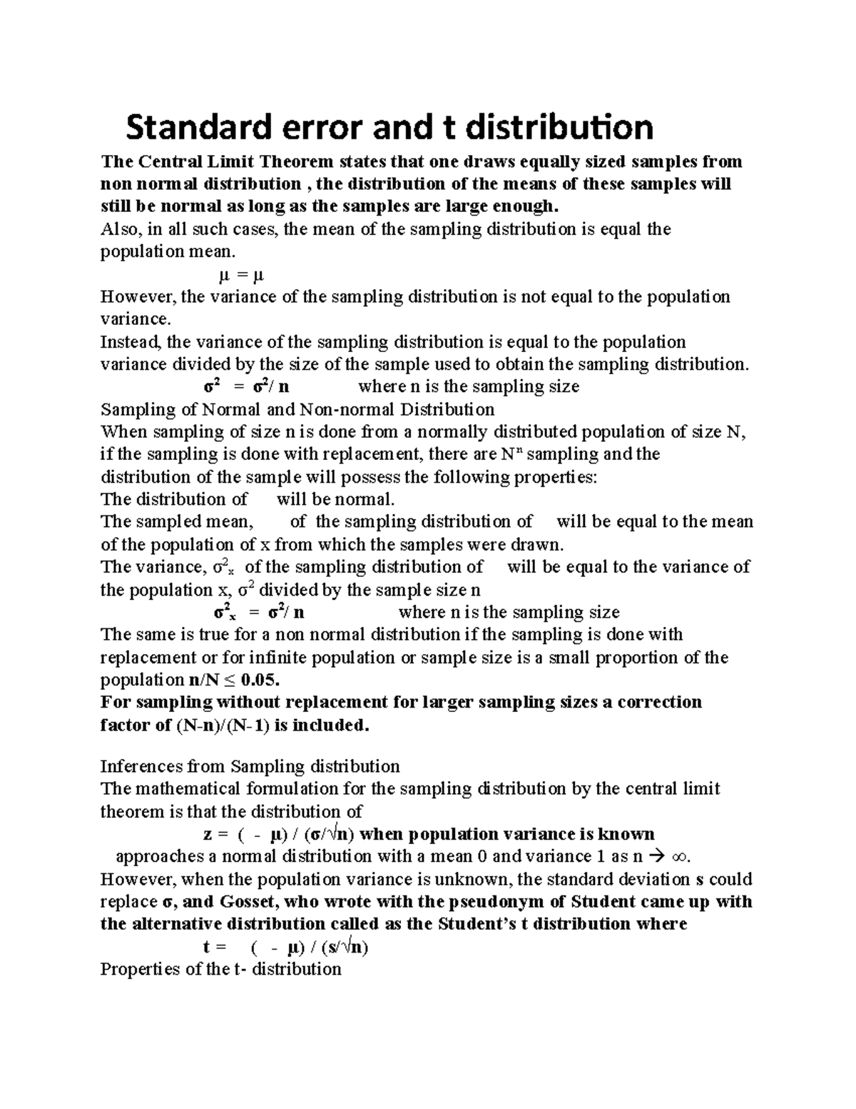 Standard error and t distribution - Also, in all such cases, the mean ...