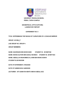 PHY260 LAB REPORT: DETERMINING THE FOCAL LENGTH OF A CONVEX LENS - UNIVERSITI TEKNOLOGI MARA ...