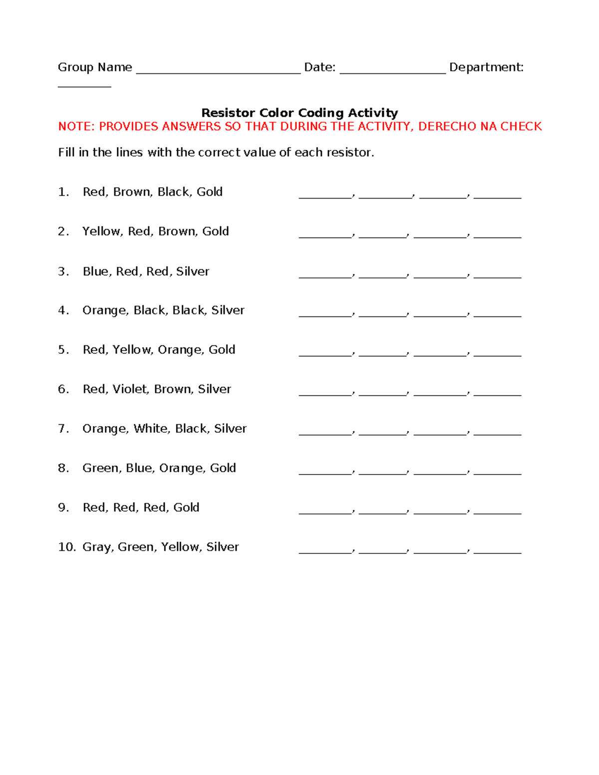 Resistors Color Code Activity - Group Name ...