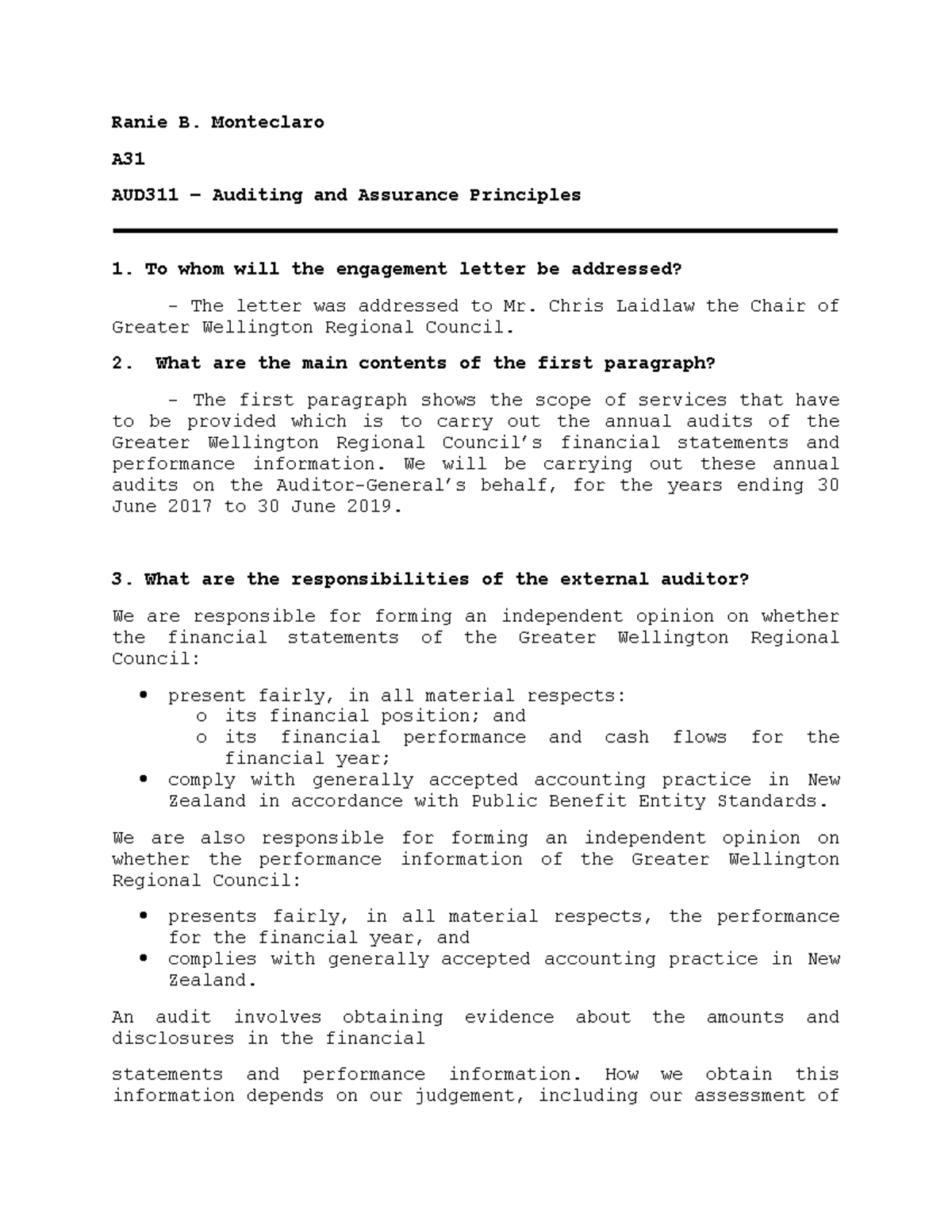 AUD311 Audit Engagement Letter - Ranie B. Monteclaro A AUD311 ...
