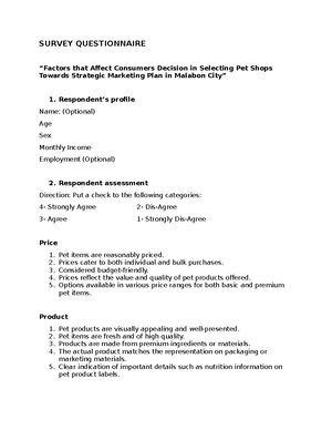 Sq - SURVEY QUESTIONNAIRE Price 1. Pet items are reasonably priced. 2 ...