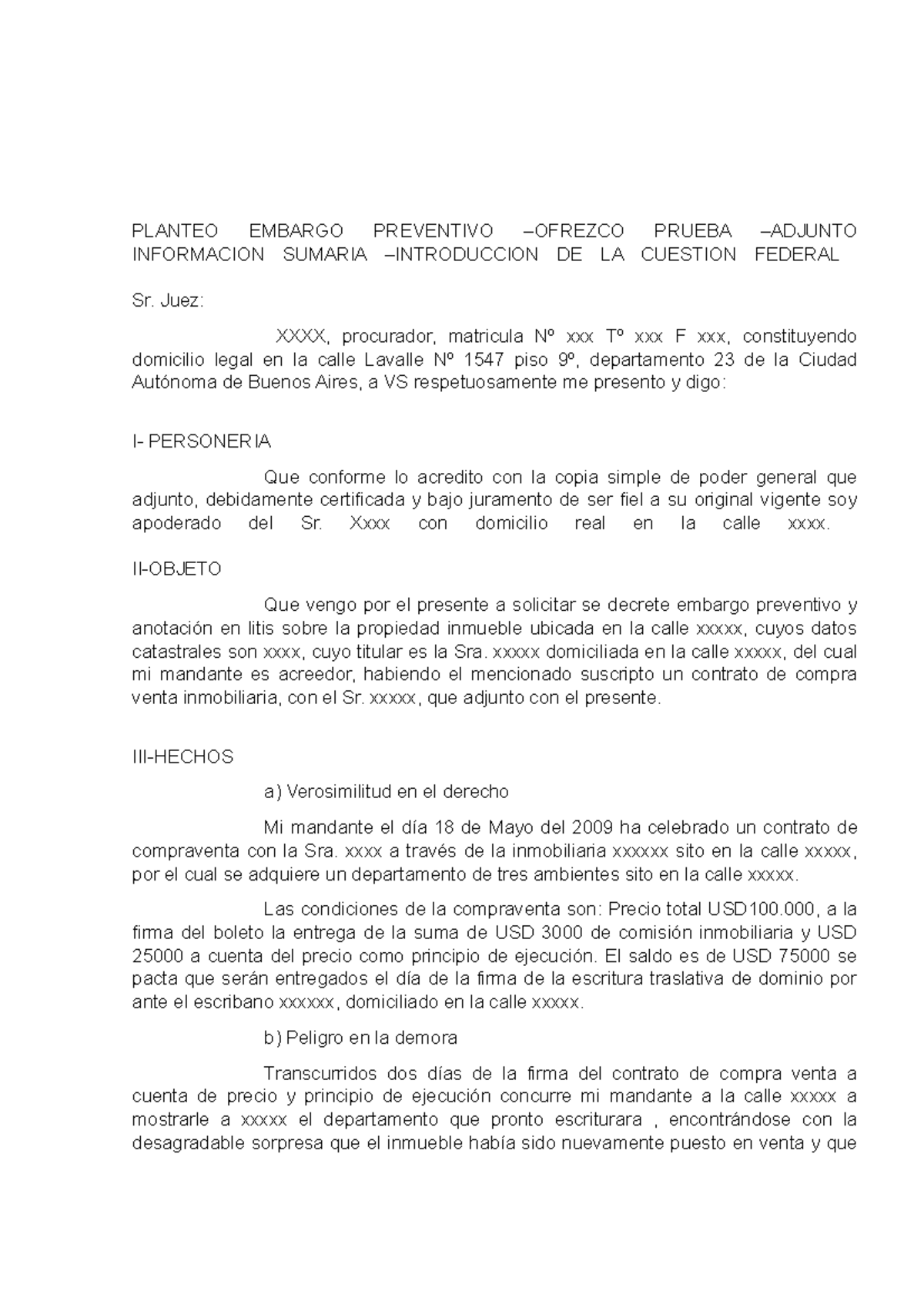 Planteo Embargo Preventivo Codigo Procesal de la Provincia Mnes ...