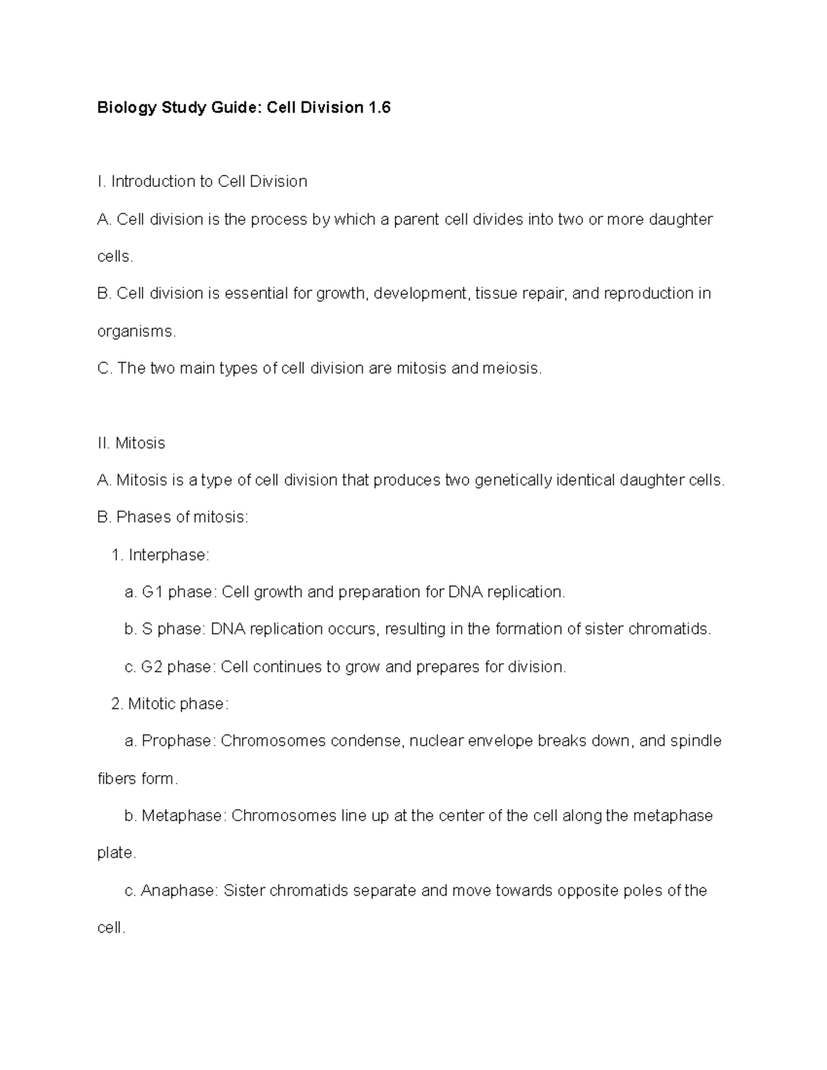 Biology Study Guide Cell Division 1 - I. Introduction to Cell Division ...