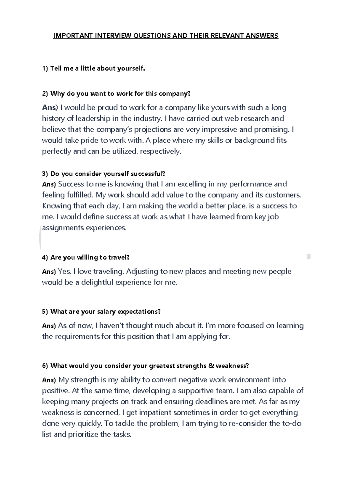 Important Final Interview Questions AND Their Relevant Answers ...