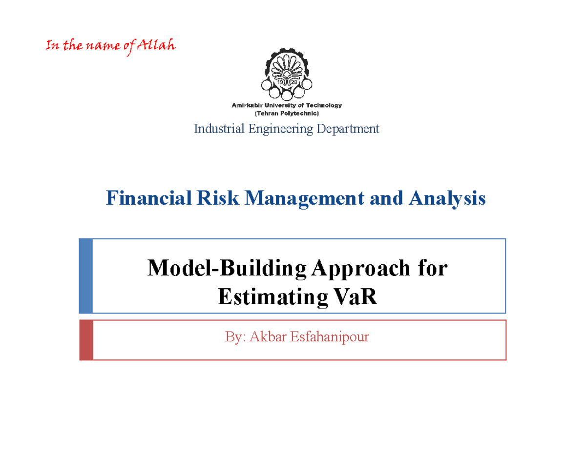 financial risk management chapter cvar - Model-Building Approach for Estimating VaR By: Akbar ...