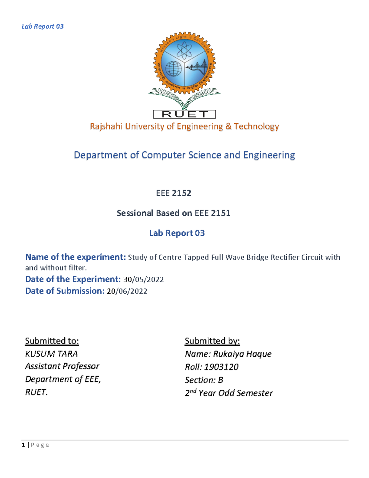 EEE 2152 Lab Report 03 - Rajshahi University of Engineering ...