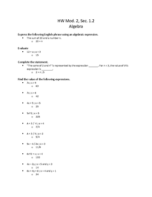 Module 1 Section 1 - homework - Algebra - HW Mod. 1, Sec. 1. Find the ...