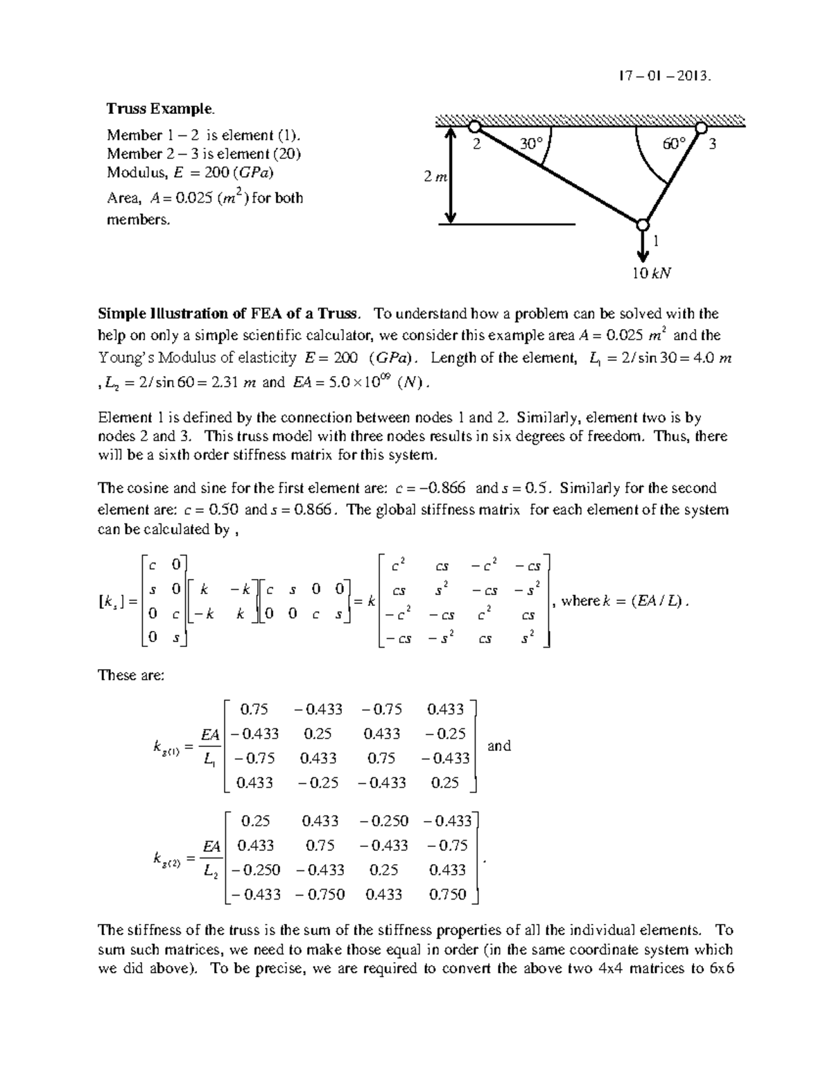 Handout Truss 01 Finite Element Resource Truss Example Simple Illustration Of Fea Of A