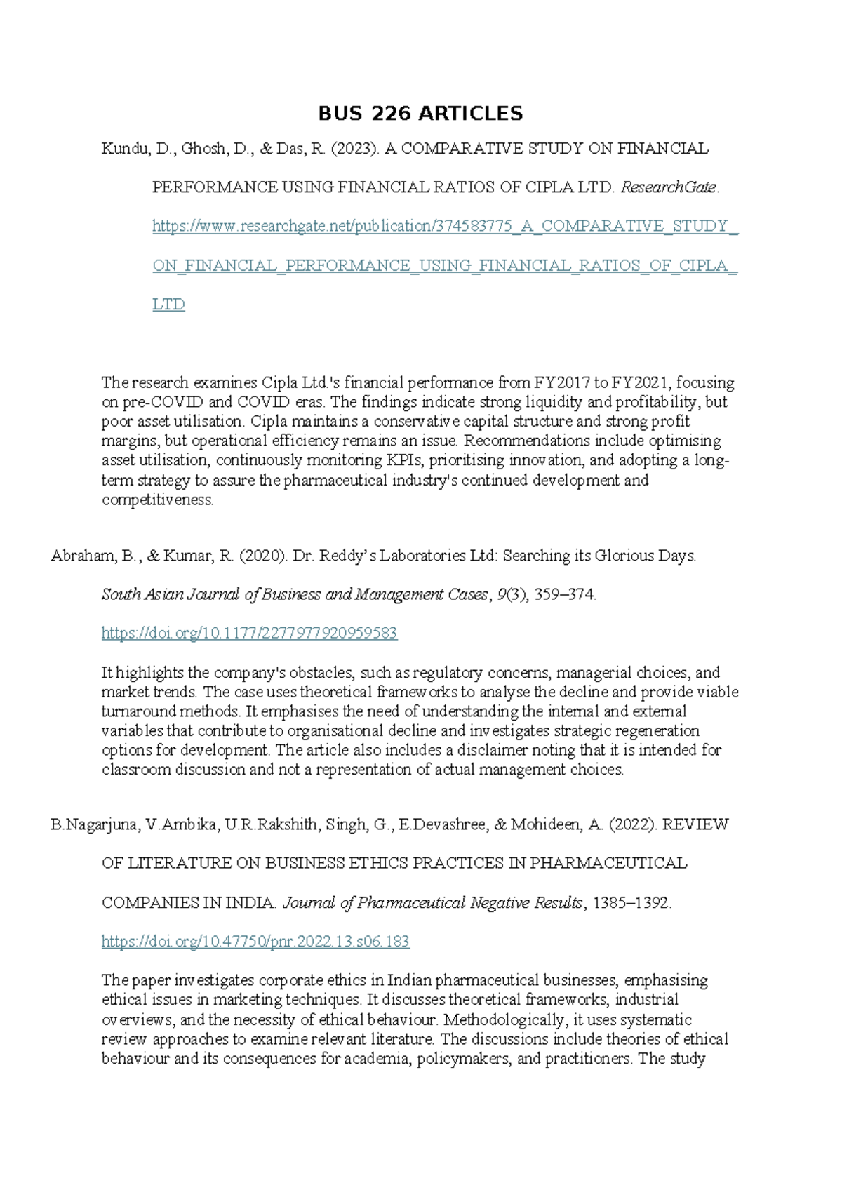 BUS 226 Articles - BUS 226 ARTICLES Kundu, D., Ghosh, D., & Das, R ...